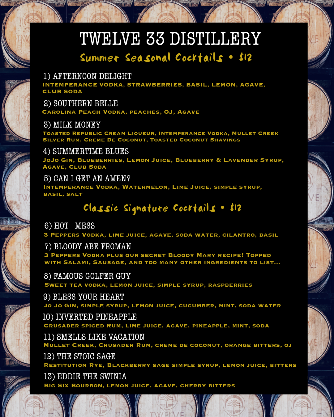 Menu - Twelve 33 Distillery